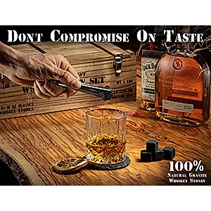 Whiskey Stones Gift Set for Men | Whiskey Glass and Stones Set with Wooden Army Crate, 8 Granite Whiskey Rocks Chilling Stones and 10oz Whiskey Glasses | Whiskey Gift for Men, Dad, Husband, Boyfriend