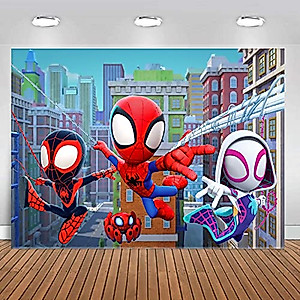 7x5 FT Spiderman & His Amazing Friends Background Cloth,Cartoon for Spiderman Theme Boy Kids Birthday Party Photo Backdrop Decoration, Multicolor