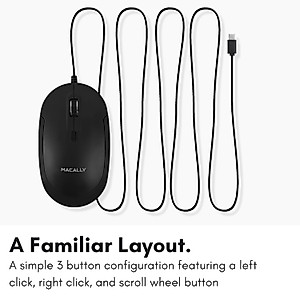 Macally Wired USB C Mouse for Mac and PC - Slim, Quiet, and Reliable - 4 DPI Mode Type C Mouse for Laptop, MacBook Pro/Air, iMac - Wired Mouse USBC