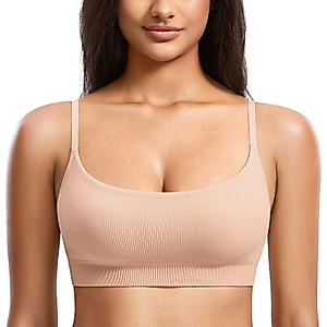 DOBREVA Women's Bralettes No Underwire Bras Support Padded Wireless Ribbed Seamless Bra Removable Pads Push Up Inserts Beige X-Large