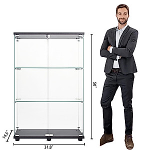Shengrunner Frameless Glass Display Cabinet, Curio Cabinet Display Case with Lock and 2 Doors, Quick-Install Floor Standing Showcase Display Shelf for Collectibles, Legos, Figures, Plants