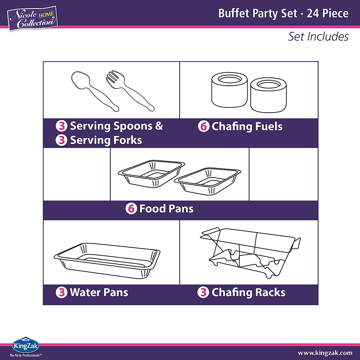24 Piece Party Serving Kit Includes Chafing Dish Buffet Set and Serving Utensils For All Types Of Parties And Events, 3 complete Disposable Party Sets