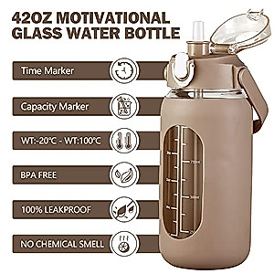 kytffu 64oz Glass Water Bottles with Straw, Half Gallon Motivational Glass Bottle with Silicone Sleeve and Time Marker, 2L Leakproof Large Glass Water Jug for Gym Home Office,Amber