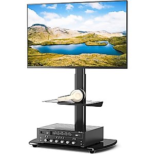 5Rcom Universal TV Floor Stand with 2 Shelves for 27 32 37 42 47 50 55 65 inch Tall LCD LED Flat or Curved Screens TVs Skinny TV Stand with Swivel Mount and Height Adjustable, Black