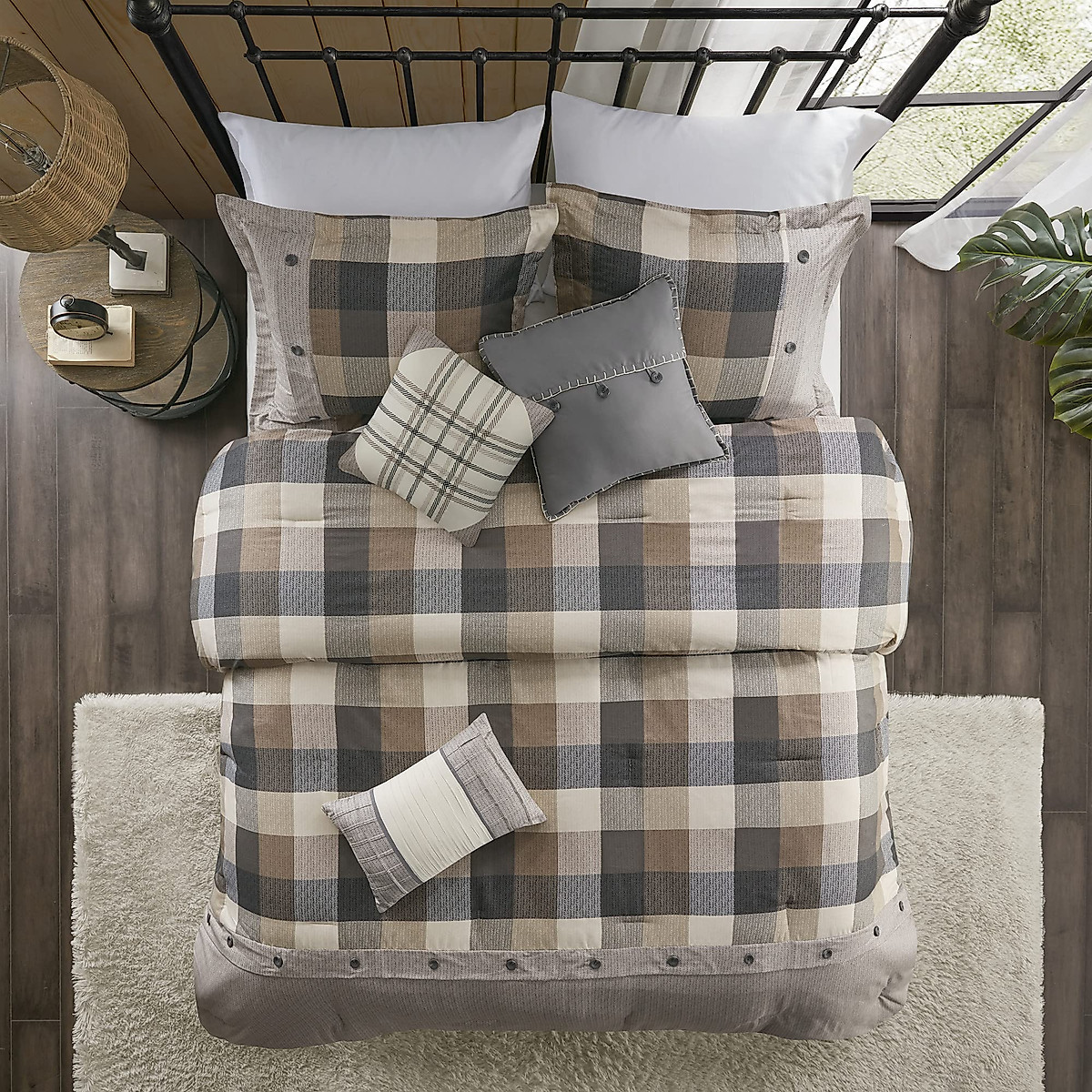 Madison Park Ridge Comforter Set-Cabin Lodge Plaid Herringbone Design All Season Down Alternative Cozy Bedding with Matching Bedskirt, Shams, Decorative Pillow, King(104"x92"), Neutral 7 Piece