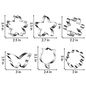 FUSOTO 6PCS Flower Cookie Cutter Set, 3 Inches Flower Shaped Cookie Cutter-Daisy, Tulip, 3 Shaped of Flowers, Butterfly, Stainless Steel Cookie Cutters, Baking Tool for Homemaking Cookie