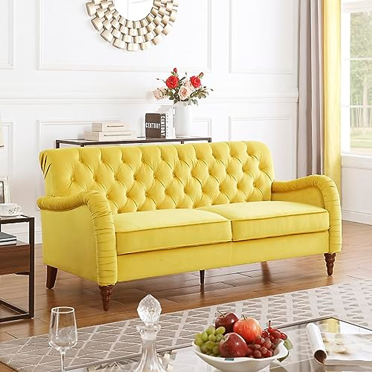 JINS&VICO Sofa Couch, Velvet Accent Sofa with Tufted Back, Upholstered Chesterfield Couch,Modern Sofa with Wood Legs for Living Room Furniture, Yellow