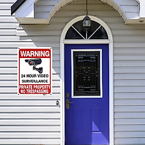 24-Hour Video Surveillance Warning Sign Set of 4 - Aluminum, 10x7 Inches, UV Printed, Deterrent for Private Property Trespassing, No Trespassing Alert Plaque