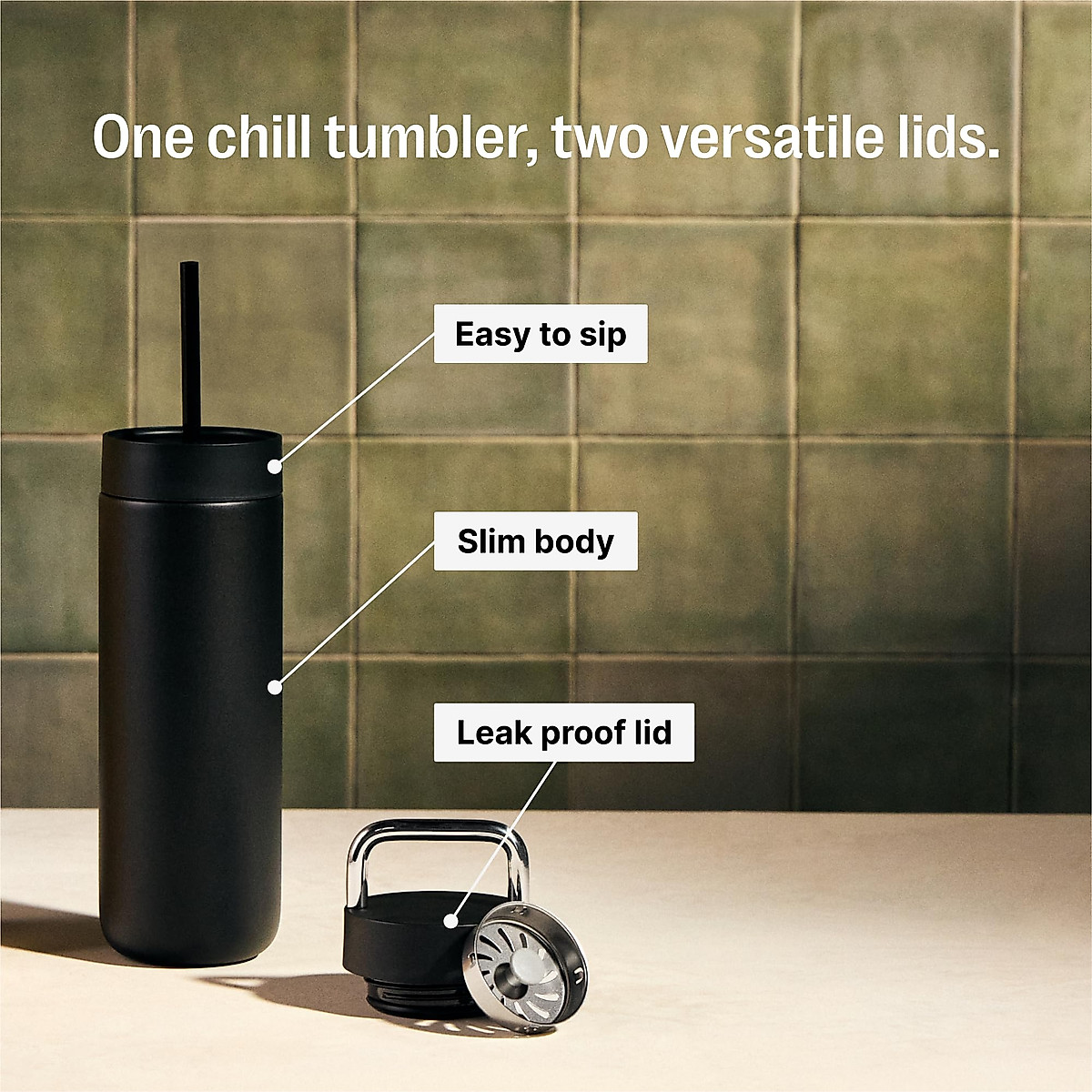 Fellow 20 oz Carter Water Bottle with 2 Lids - Leak-Proof Lid with Metal Handle - Cold Lid with Straw - Ceramic Interior & Vacuum-Insulated Stainless Steel - Matte Black