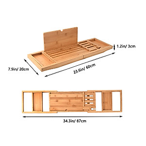 Bathtub Caddy Tray Bamboo Expandable Bath Tray Waterproof for Tub with Wine Holder Built in Book Tablet Integrated Wineglass Holder Phone Tray & Accessories Placement 23.6“ （expands to 34 inches）