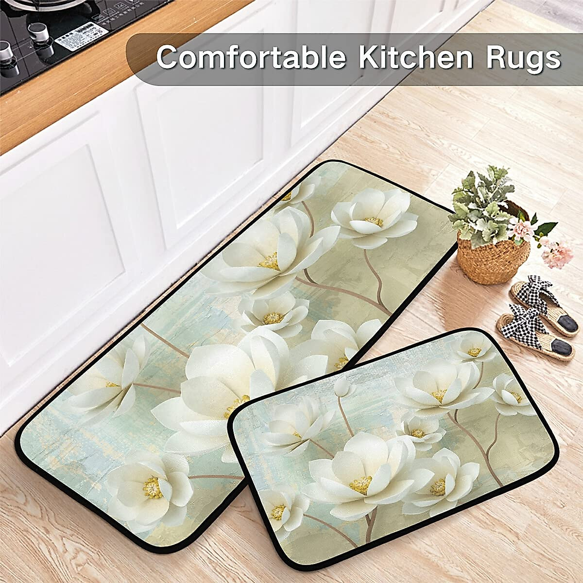 Flowers Buds Magnolia Kitchen Rugs and Mats Set 2 Piece Non Slip Washable Runner Rug Set of 2 for Floor Home Decor Sink Kitchen Laundry