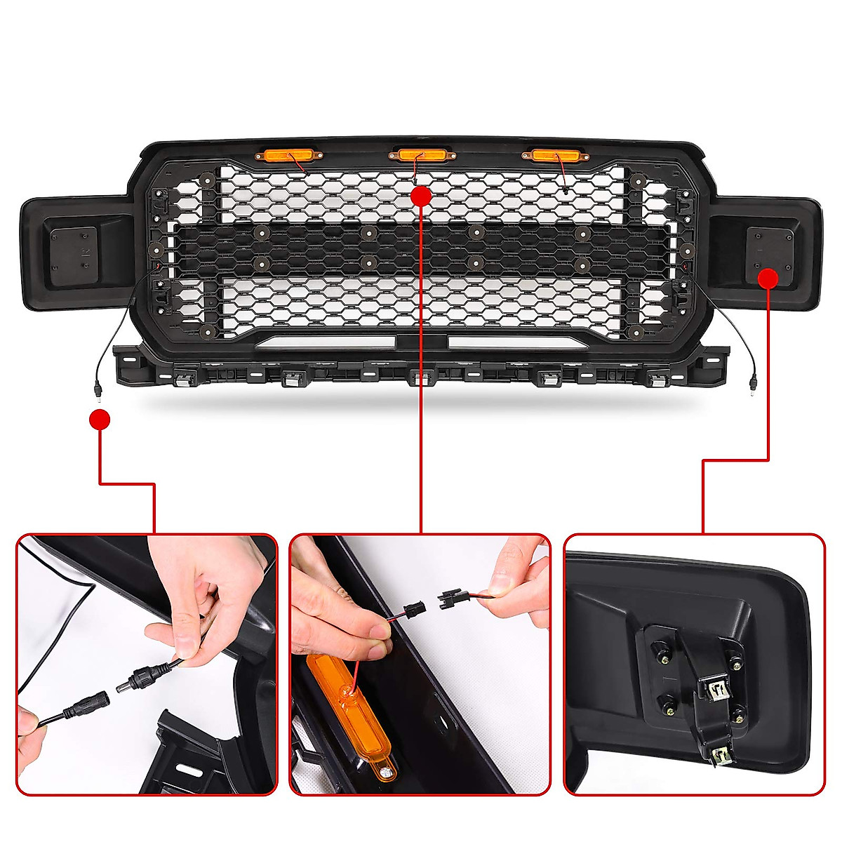 Modifying Raptor Style Grille Mesh Grill, Compatible with Ford F150 F-150 2018 2019 2020, With DRL & Turn Signal Lights - Matte Black