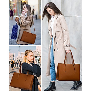 LOVEVOOK Laptop Bag for Women, 15.6 Inch Large Waterproof PU Leather Computer Tote Bag for Work Business Office Travel with USB Charging Port, Fashion Waterproof Shoulder Bag Handbag Purse, Brown