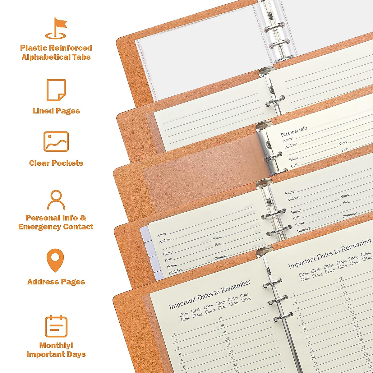 Happyaokeland Refillable Address Book with Alphabetical Tabs, Hardcover Phone Book 648 Contact Book w/Pockets, Large Print Address Books for Seniors, A5, Brown