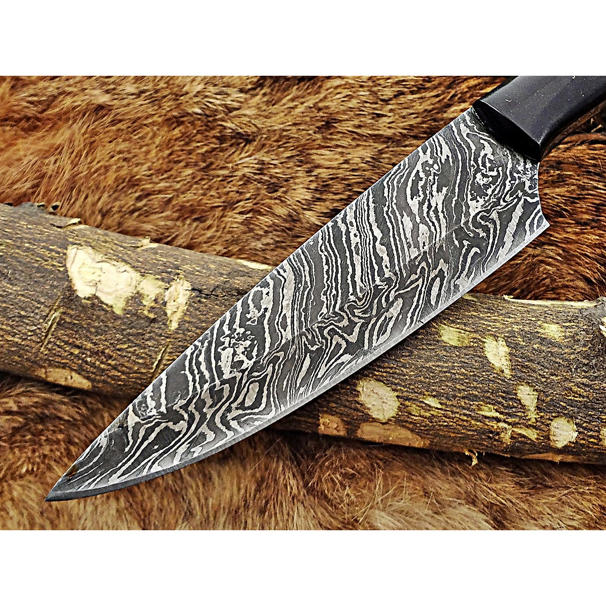 8.5 Inches long custom made Damascus steel hand forged Paring Knife, kitchen knife 4" full tang blade, Natural Buffalo Horn scale inserting hole (Black)