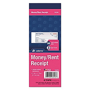 Adams Money/Rent Receipt Book, Carbonless, 3-Part, 2-3/4 x 7-3/16 Inches, 50 Sets per Book (TC2701)