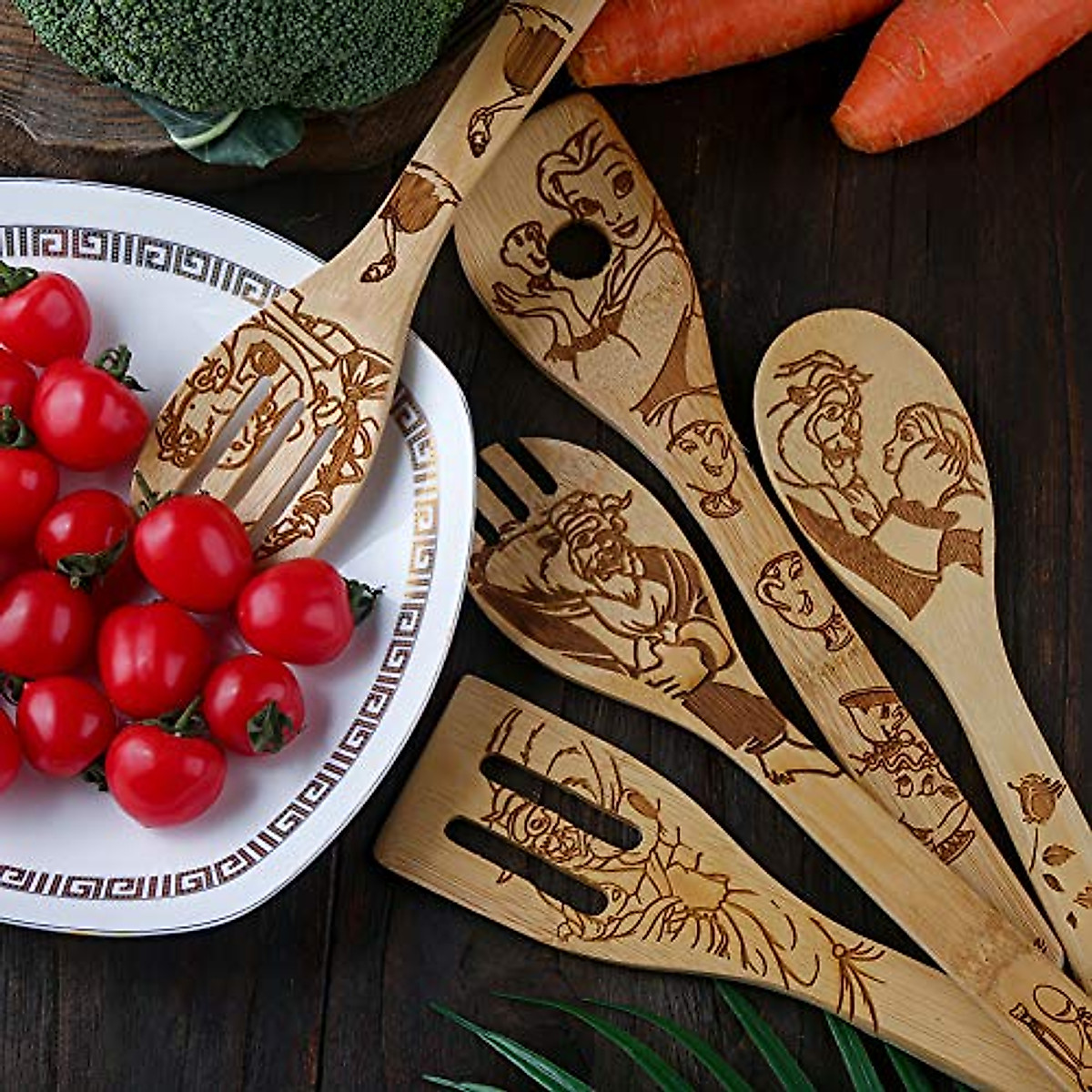 Beauty and the Beast Burned Wooden Spoons Cooking &Serving Utensils Set Bamboo Spoon Slotted Kitchen Utensil Fun Gift Idea Warming Present (Set of 5)