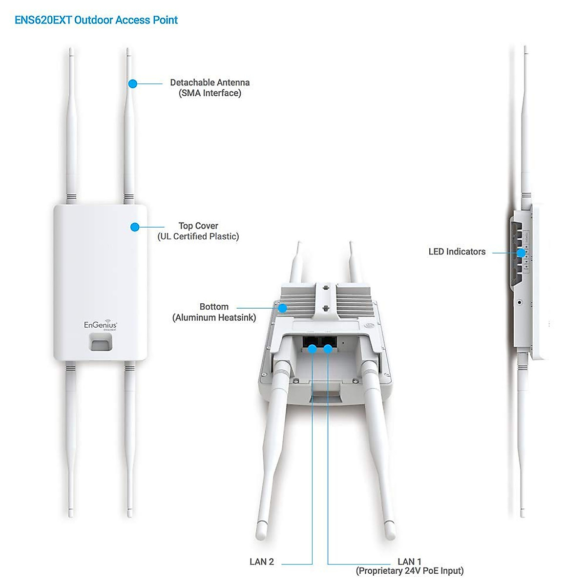 EnGenius Technologies ENS620EXT Wi-Fi 5 AC1300 2x2 Dual-Band Outdoor Access Point/Range Extender/Bridge Features IP55 Rated Housing, 24V PoE Injector, MU-MIMO, Detachable SMA Antennas