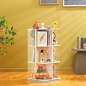 Wesiti 360 Degree 31.1 in Tall Rotating Bookshelf 3 Tier Floor Standing Bookcase with Acrylic Windows Spinning Plywood Storage Book Tower Revolving Bookcase for Kids Classroom Playroom Bedroom, White