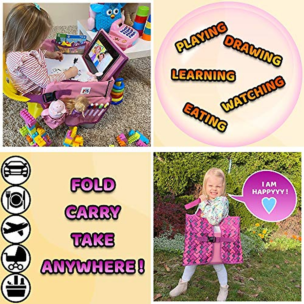 Madson Kids Travel Tray - Toddler Car Seat - Lap Desk & Dry Erase Board - Activity Organizer with Markers - Food & Snack Table - Tablet & Cup Holder, Road Trip Essential, Portable Desk for Kids