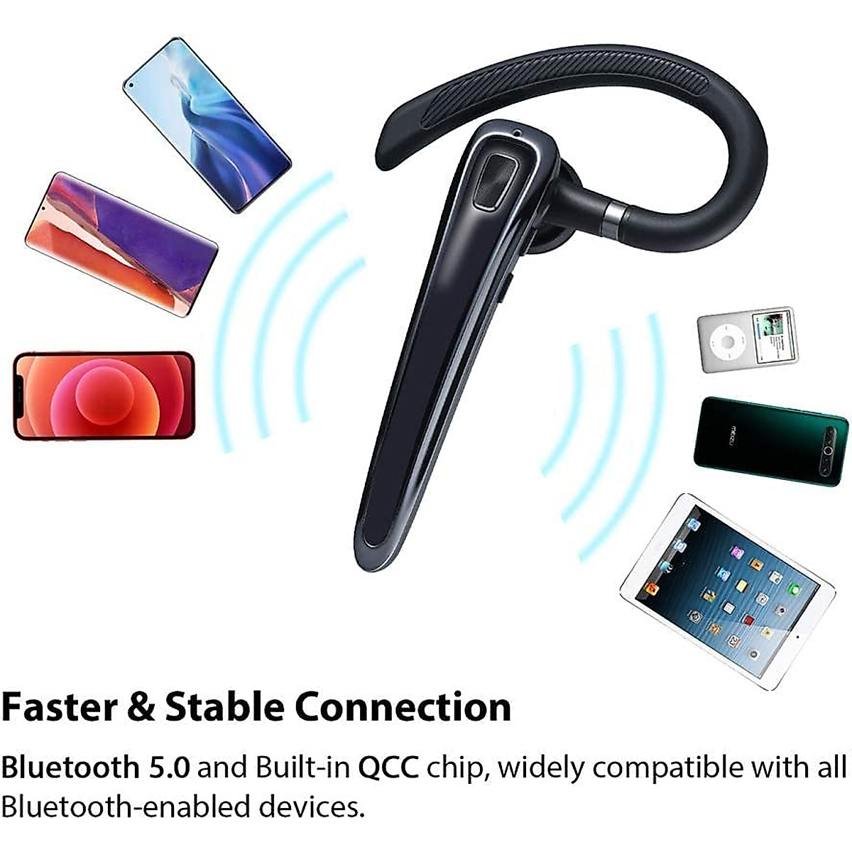 GPEESTRAC Bluetooth Headset,Bluetooth V5.0 Earpiece with Noise Cancelling Mic and 15 Hours Playtime,in-Ear Hands-Free Calls Wireless Headset for Business/Workout/Driving