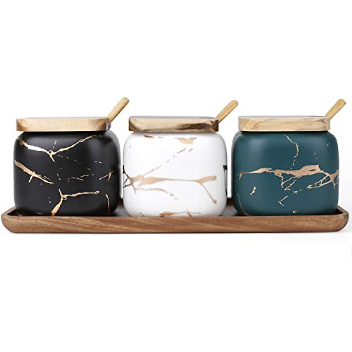 Dicunoy Ceramic Salt and Sugar Container, Condiment Jars with Lids and Spoons, Marble Seasoning Spice Pots Bowl, Pepper Sellar with Wooden Tray for Serving, Counter, Home, Kitchen