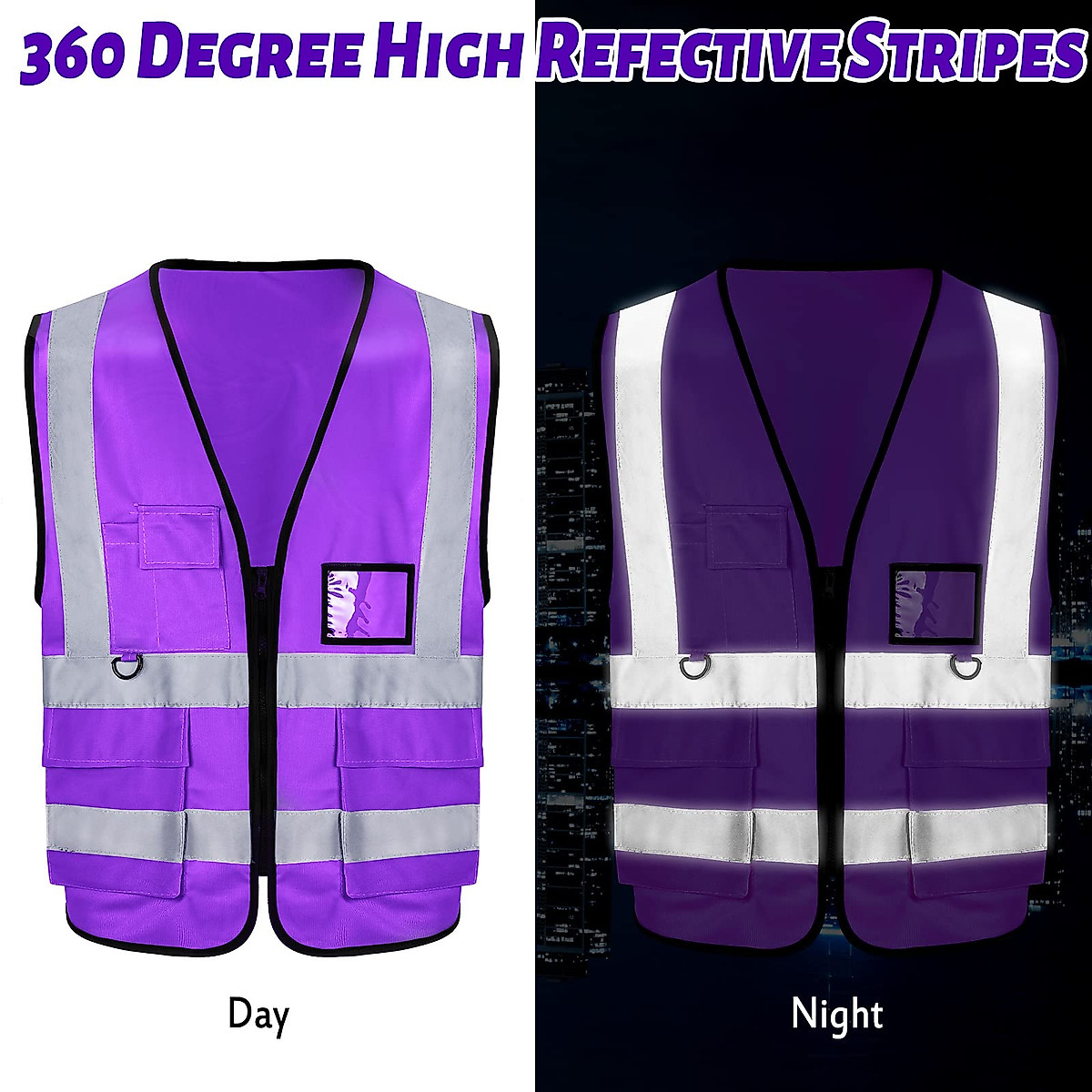 EBOOT 10 Pcs Safety Vests High Visibility Safety Vest with Reflective Strips, Neon Vest Construction Vest with Pockets (Purple)