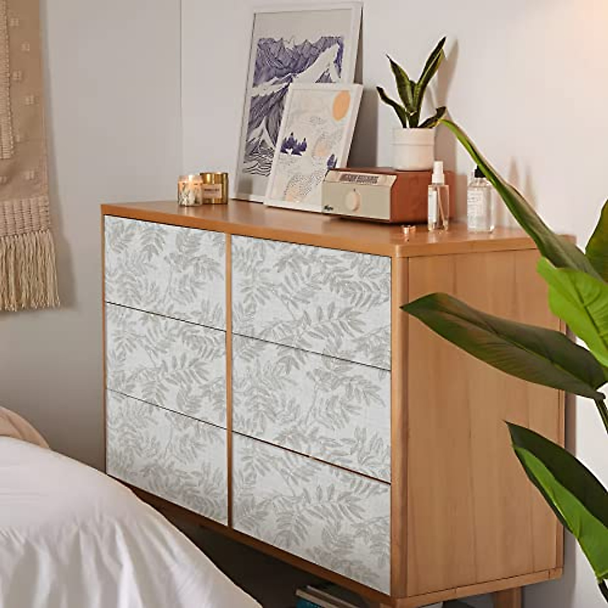 Grey Floral Wallpaper Peel and Stick Wallpaper Boho Contact Paper for Cabinets Removable Wallpaper Leaf Wallpaper for Bedroom Self Adhesive Contact Paper for Drawers Modern Wallpaper Shelf17.7"x78.8"