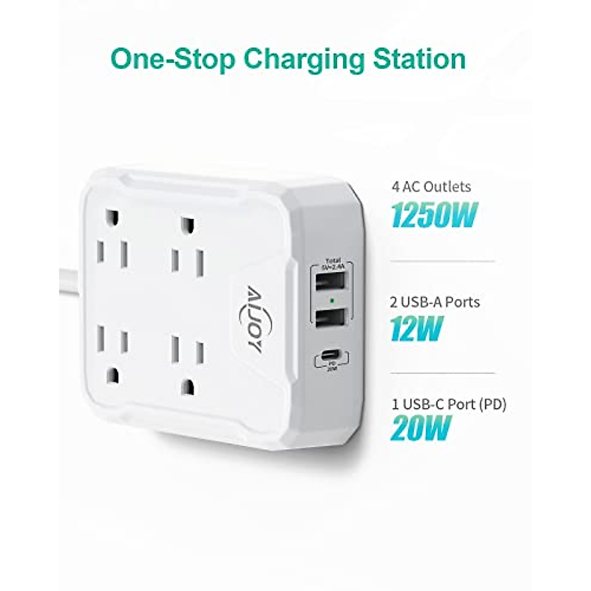 Power Strip with 4 Wide Outlets 3 USB Ports (1 USB C-PD) 5ft Flat Plug Extension Cords Compact for Travel, Cruise Must Haves, Dorm Room Essentials