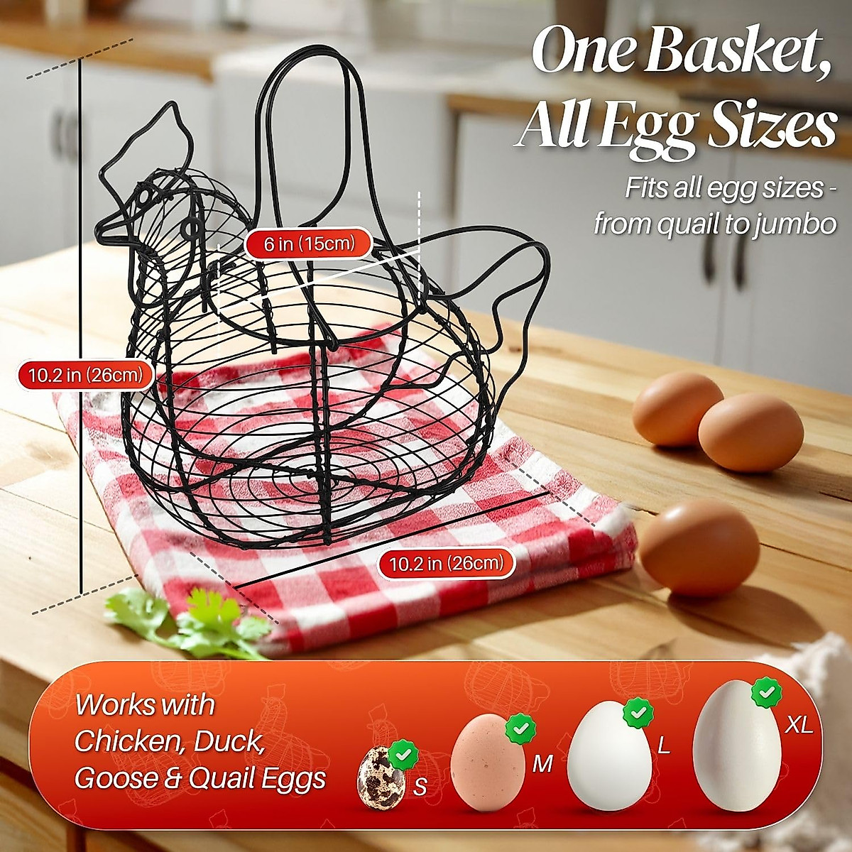 Flexzion Chicken Egg Holder, Small Wire Egg Collecting Basket with Handle for Farm Eggs, Fruits, Vegetables, Metal Wire Chicken Basket Decor for Kitchen, Countertop, Farmhouse Rustic Style, Black