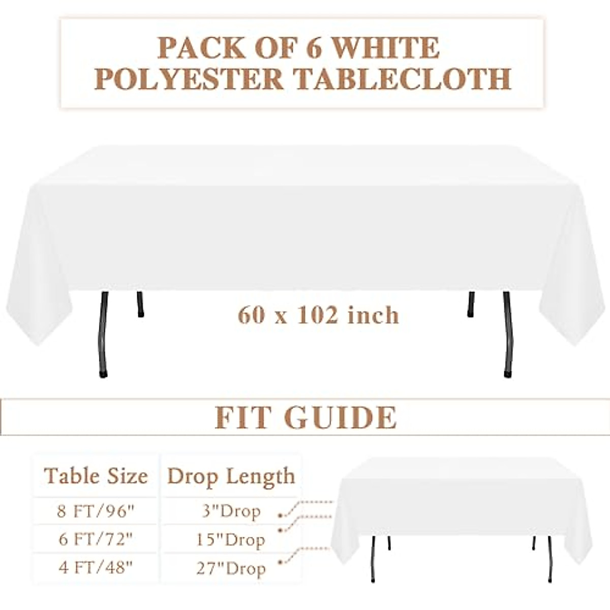 Tablecloth,Polyester Table Cloth, Wrinkle Resistant Washable Polyester Table Cover for Wedding Dining Table Buffet Parties and Camping. (White, 60×102 Inch 6pack)
