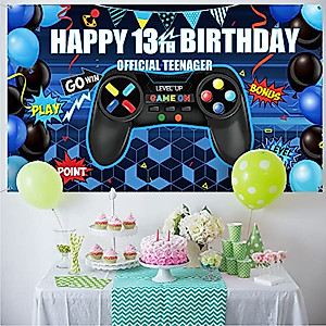 Happy 13th Birthday Video Game Backdrop Banner, Level 13 Up Birthday Background with Game Controller Print Gaming Theme for Photography, Photo Props, Video Game Party Wall Decoration (Blue)