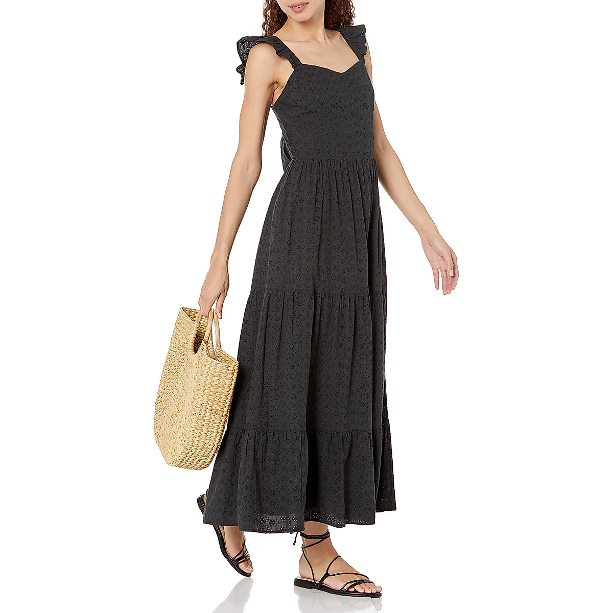 The Drop Women's Tulsi Ruffle Sleeve Eyelet Maxi, Black, M