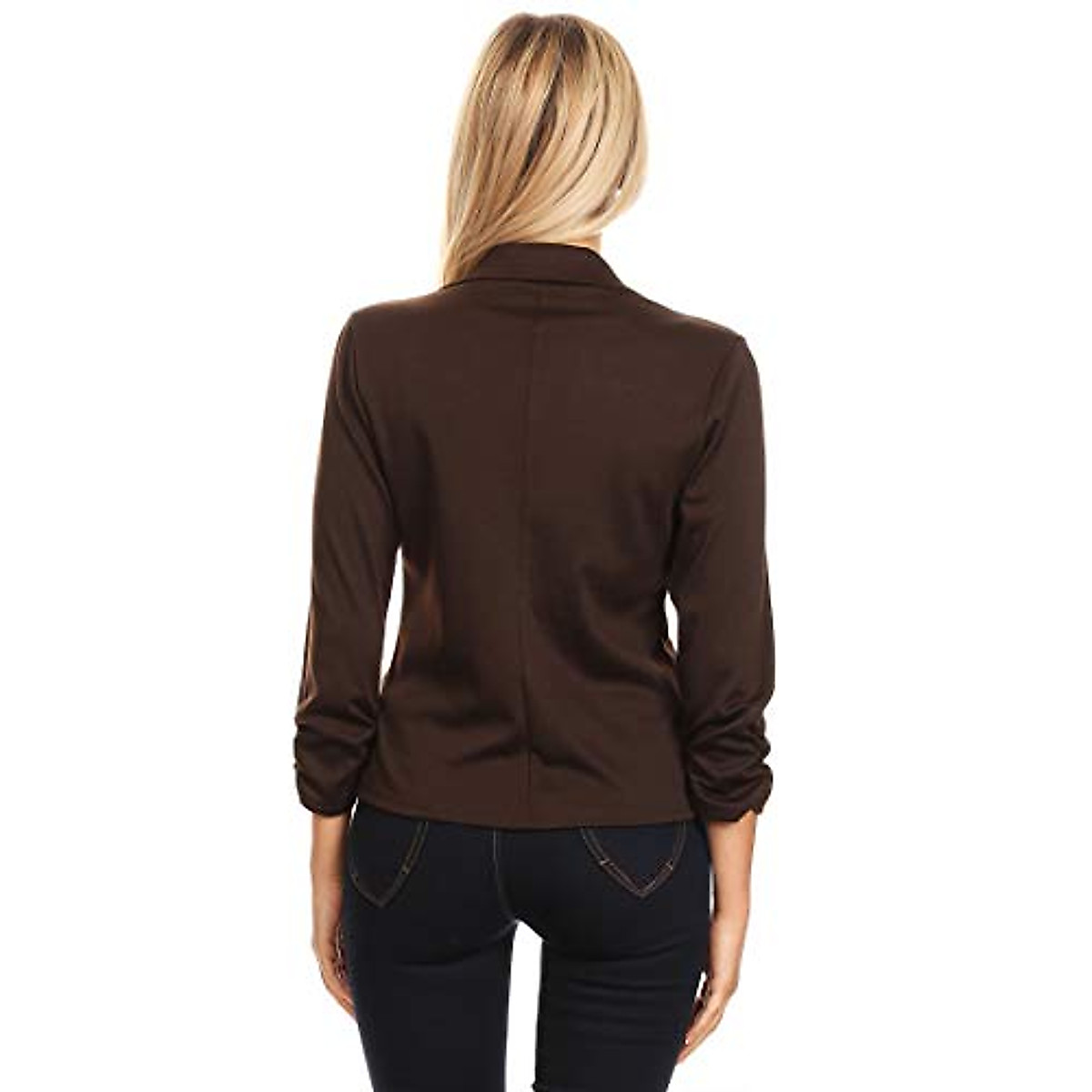 Solid Comfy Casual Office 3/4 Long Sleeve Open Front Blazer Jacket/Made in USA Brown 2XL