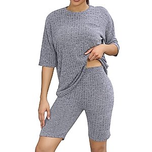 Pj Short Set Women's Pajama Sets Loose Casual Ribbed Knit Matching Outfits T-shirt Biker Shorts Sleepwear Loungewear Sweatsuits Light Blue