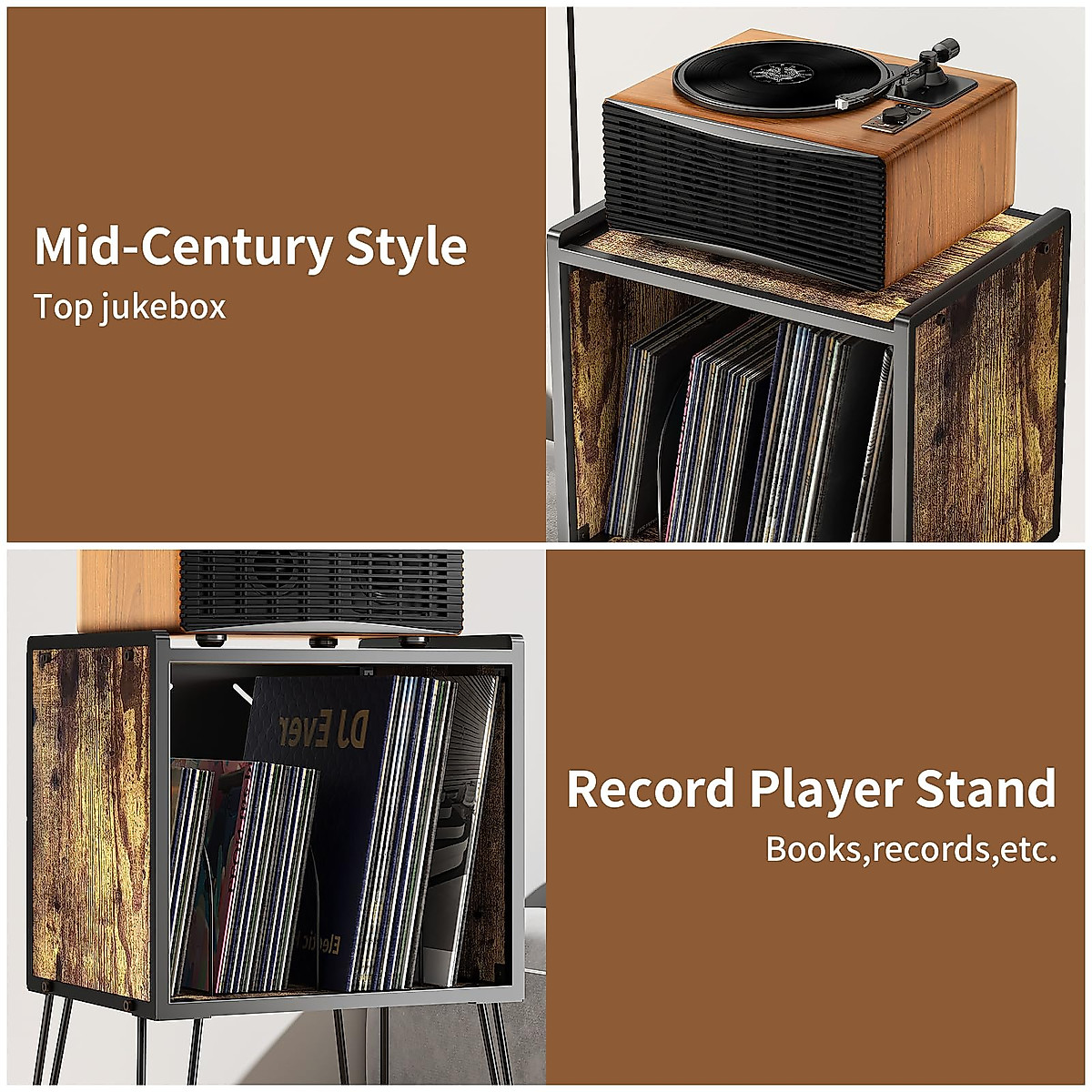 RUILALIFE Record Player Stand Table with Vinyl Holder, 3 Tier Turntable Stand with Albums Storage Shelf，Small Side Tables for Small Spaces, End Table with Drawer for Bedroom Living Room (Cabinet)