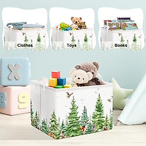 Clastyle Large Watercolor Pine Tree Animal Storage Basket Rectangle Deer Owl Woodland Nursery Decor Basket Hedgehog Raccoon Clothes Toy Book Shelf Basket Baby Nursery Bedroom Living Room Bin