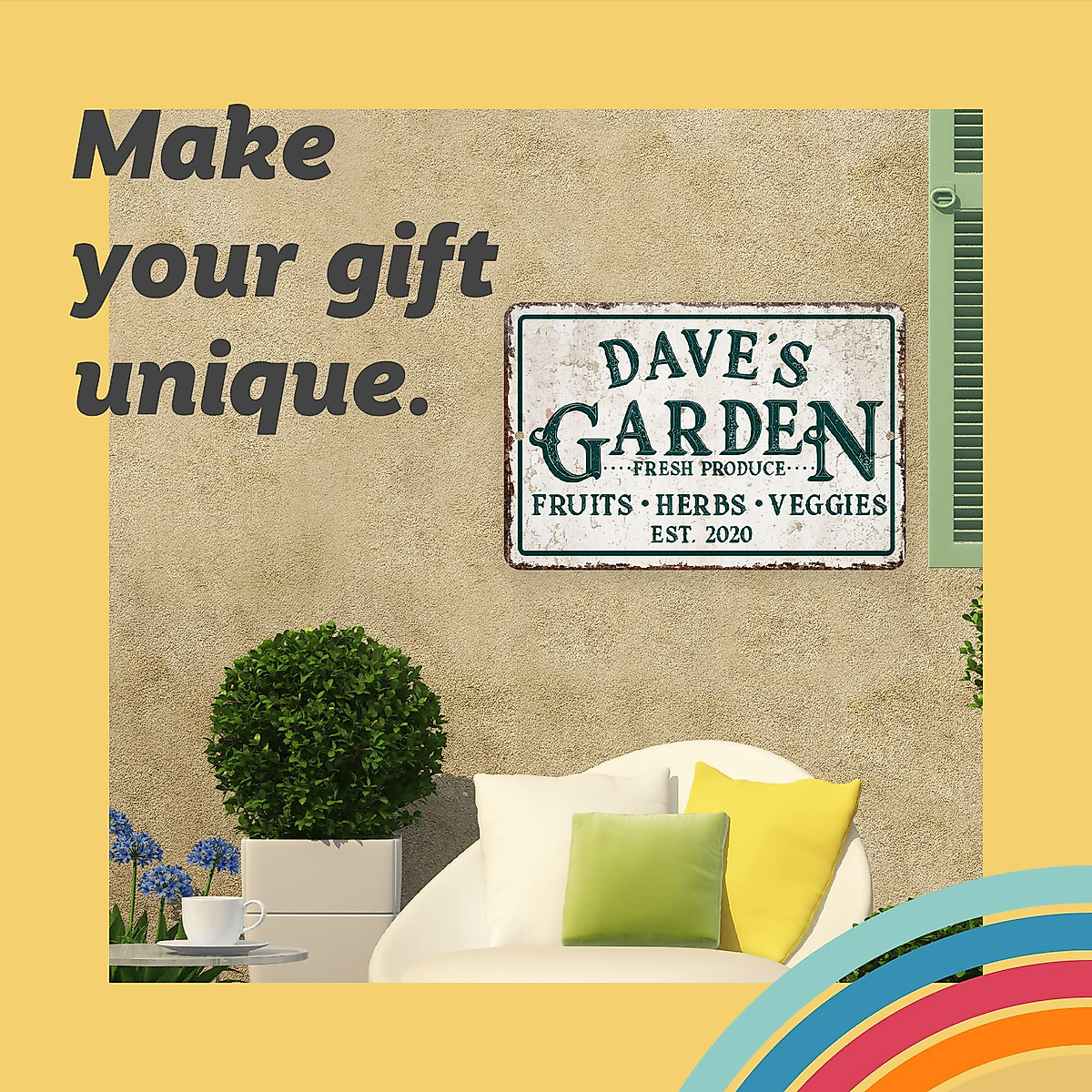 Personalized Vintage Distressed Look Fruit, Herbs and Veggie Garden Metal Room Sign (8x12 Inches)