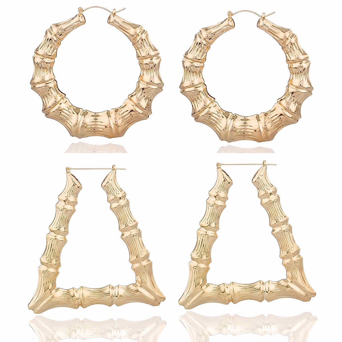 Goldtone 3.25 Inch Bamboo Style Hoop Earrings and a Triangle Bamboo 3.5 Inch Hoop (E-788 + E-799)