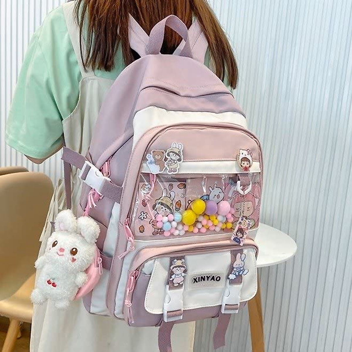 MocaDng Backpack for Girls, Kawaii Backpack Cute Aesthetic Backpack with Pin Accessories Plush Pendant, 17.7 Inch Backpack for School & Travel - Durable, Water Resistant (Purple)