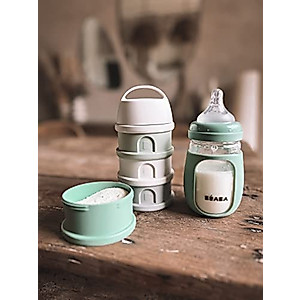 BEABA 2-in-1 Glass Baby Bottle to Glass Training Sippy Cup, Learning Cup, Baby Bottle with Soft Silicone Nipple and Sippy Spout, Baby, Toddler 7 oz (Sage)