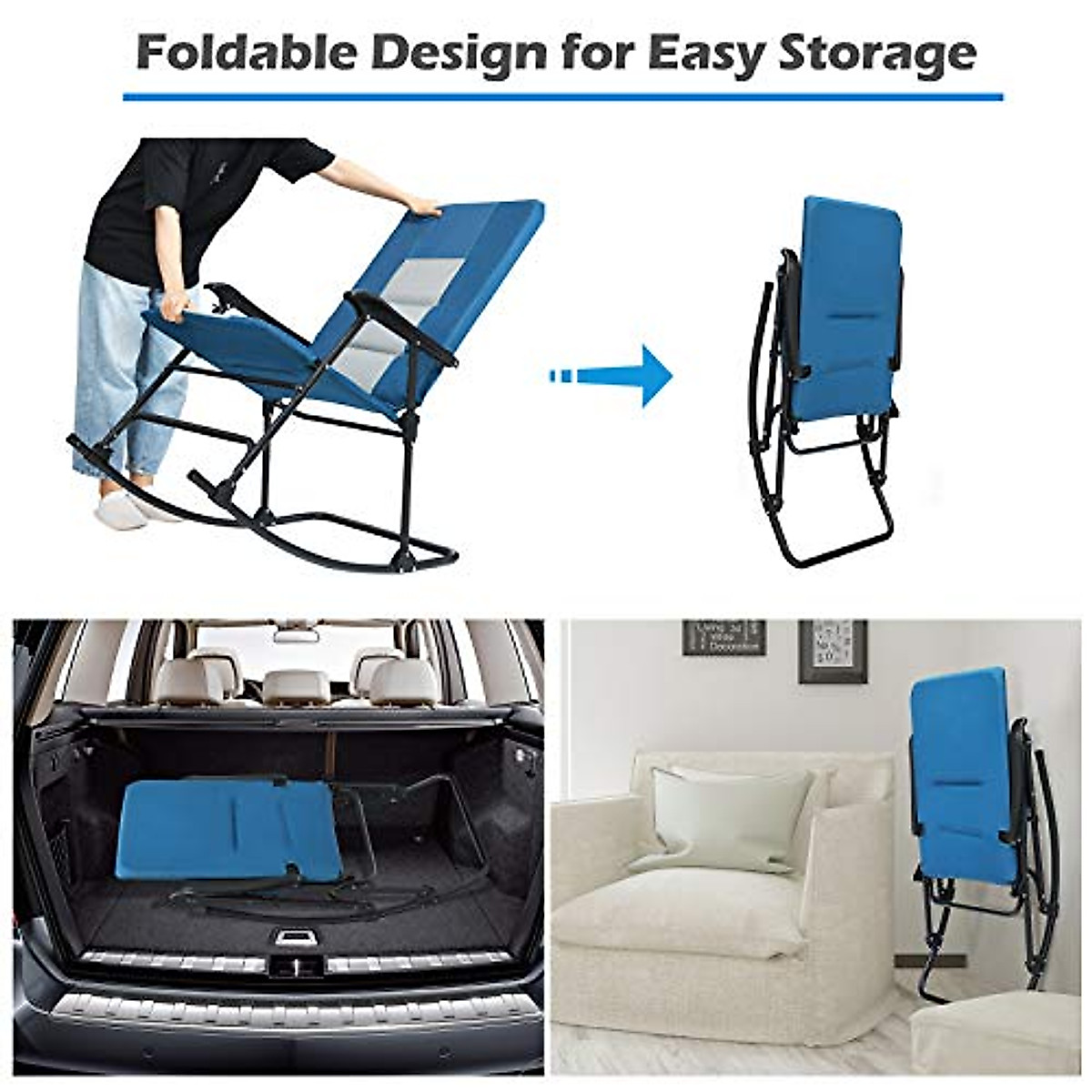 Giantex Camping Rocking Chair Fold-able Oversized with Padded Armrest and Seat Folding Lawn Chair 350 lbs Weight Capacity for Outdoor, Patio, Lawn, Backyard, Garden Portable Chair (1, Blue)