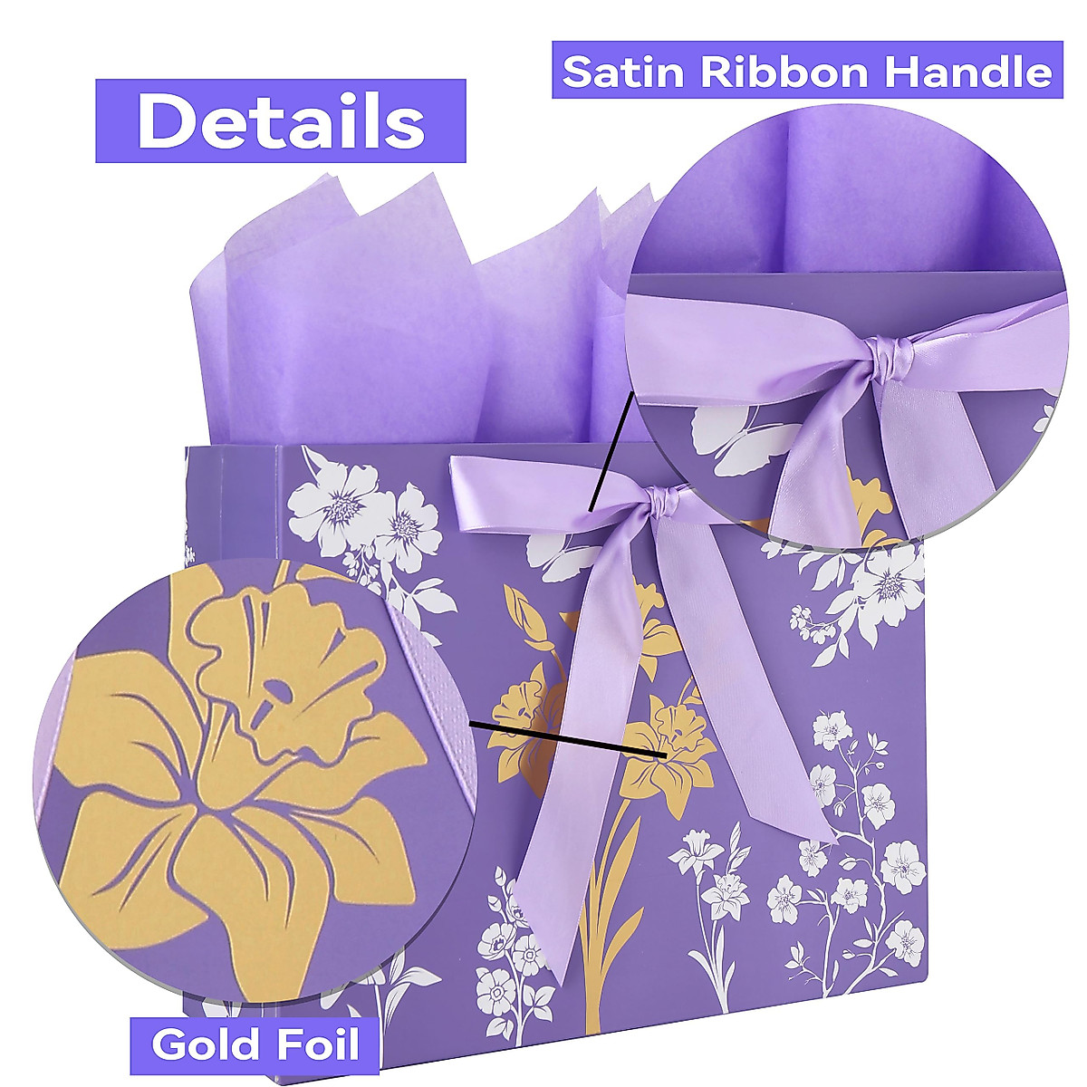 13" Large Purple Gift Bag Set with Greeting Card and Lavender Tissue Papers (Gold Foil Tree) for Women's Birthday Party, Mother's Day, Wedding, Girls