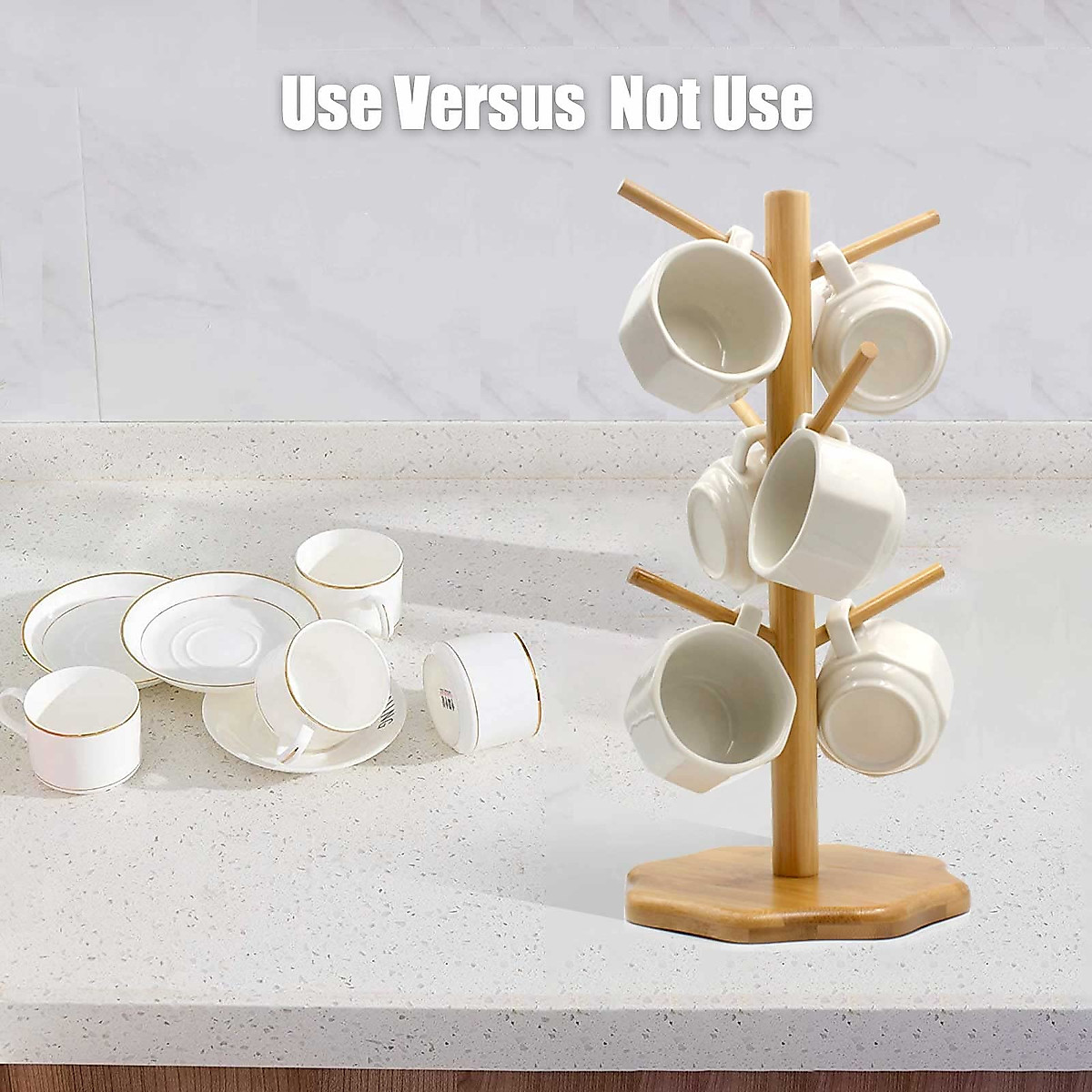 Mug Tree, Coffee Mug Tree, Bamboo Countertop Mug Tree Stand , Coffee Mug Holder Tree for Counter Stand with 6 Hooks, Octagon Base Coffee Cup Tree, Removable Mug Stands