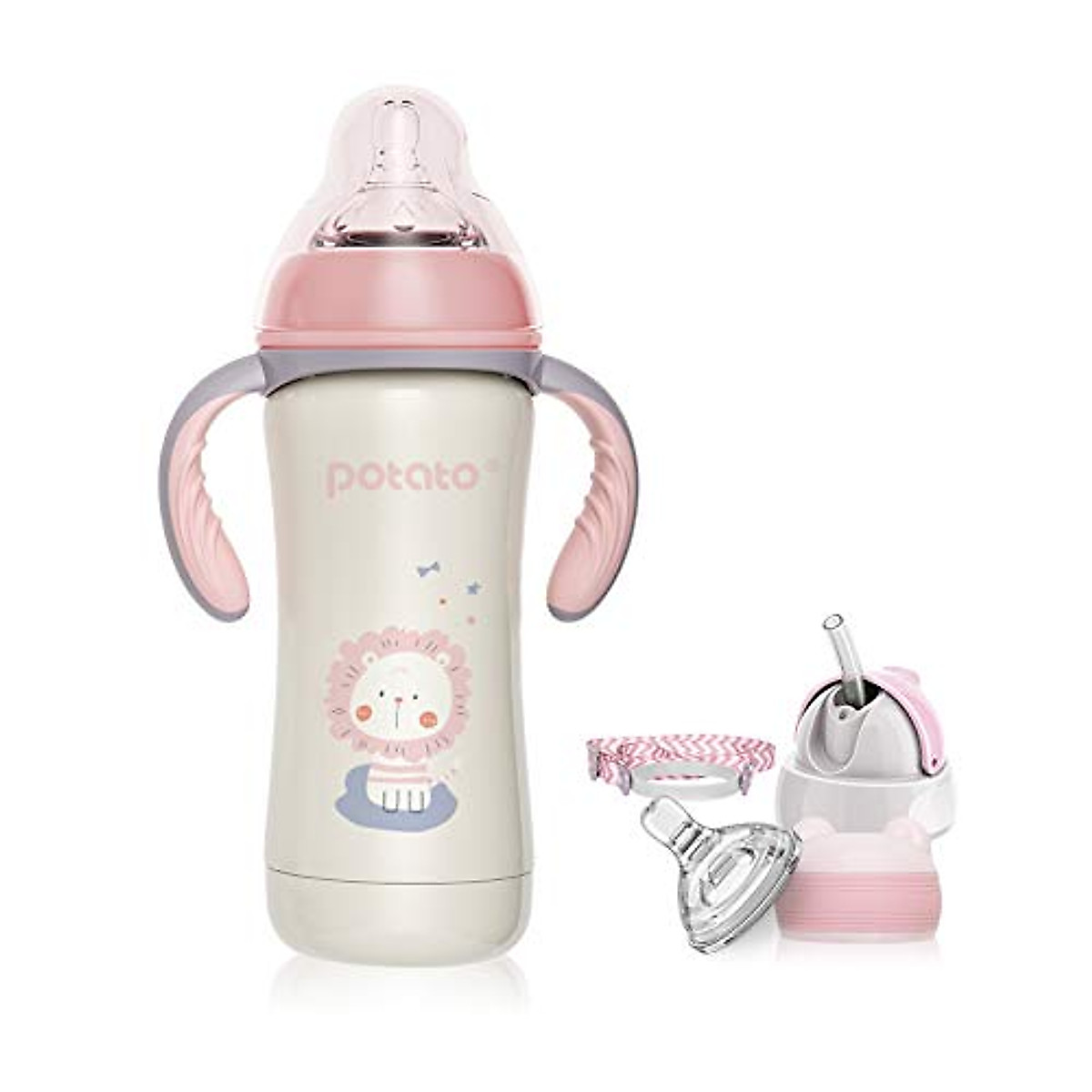 POTATO Baby Thermos Cup Water Bottle for Kids Stainless Steel Sippy Cup with 3 Kinds of Lids,Keeps Cold for 8 Hours 8 oz, Pink