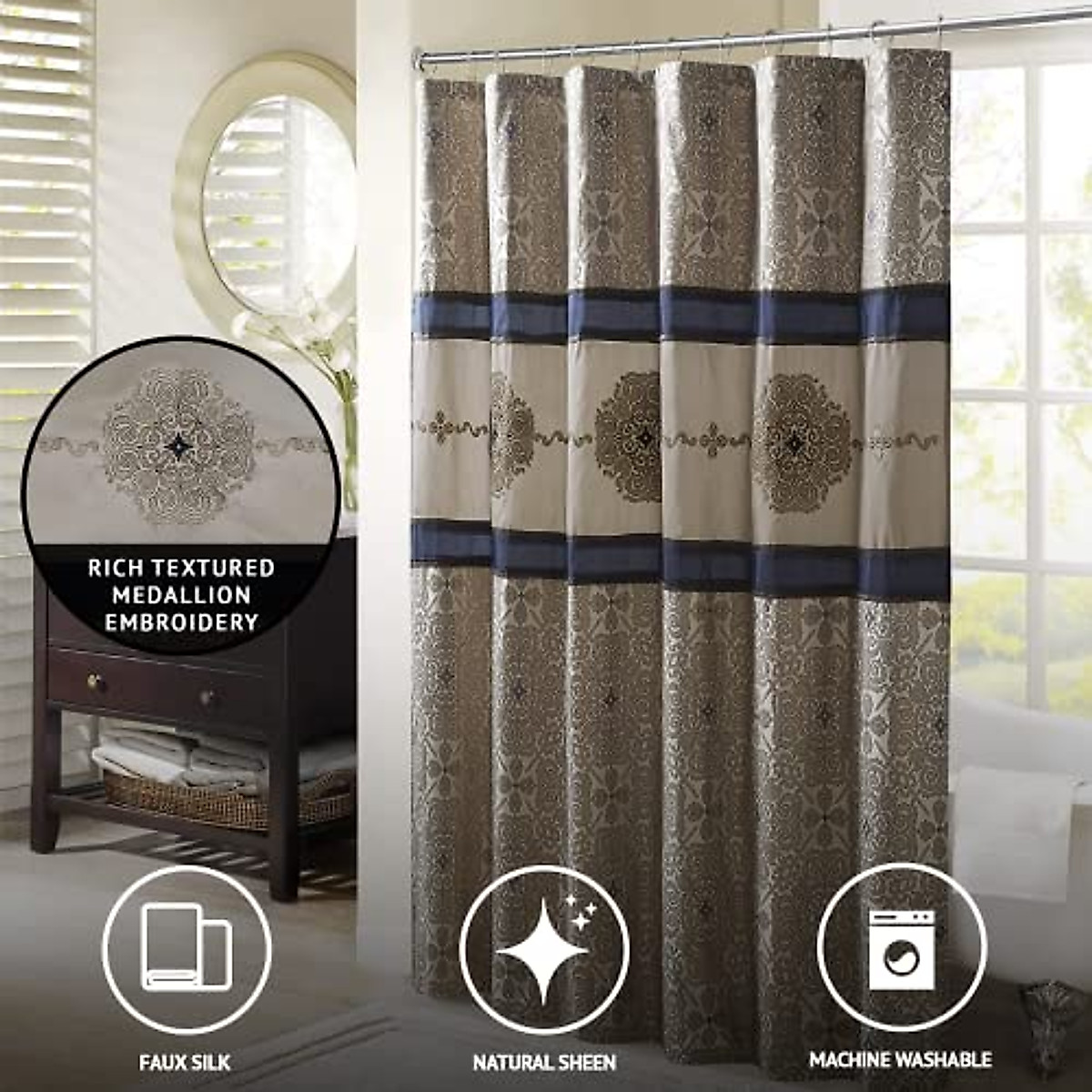 Madison Park Donovan Shower Curtain, Embroidered Jacquard Weave Design, Traditional Bathroom Décor, Machine Washable, Fabric Privacy Screen, 72x72, Navy