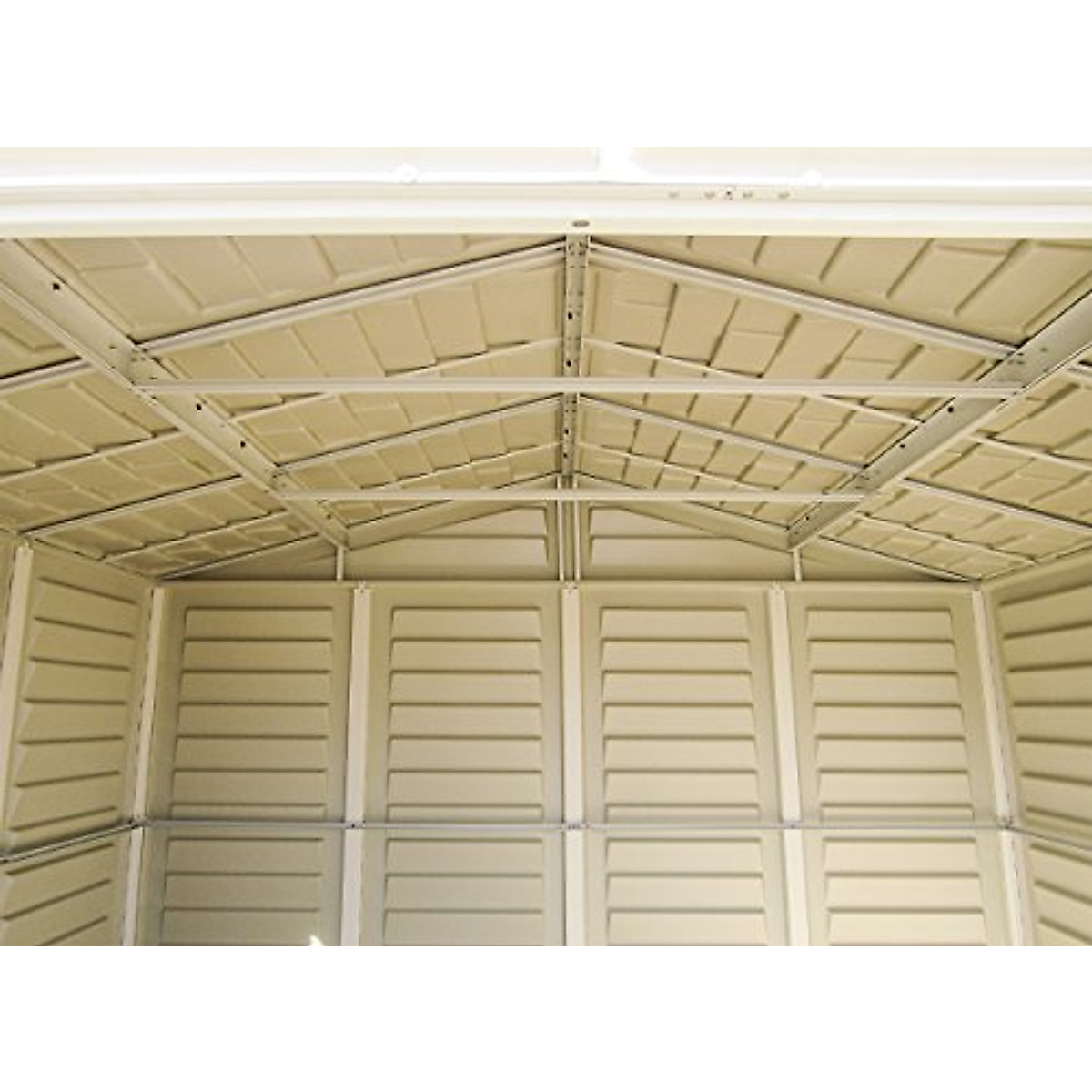 Duramax 0638801402145 Woodbridge Plus 10.5 x 8 Plastic Garden Shed with Foundation Kit & Fixed Window Brown-15 Years Warranty, 10x8, Brown & Ivory