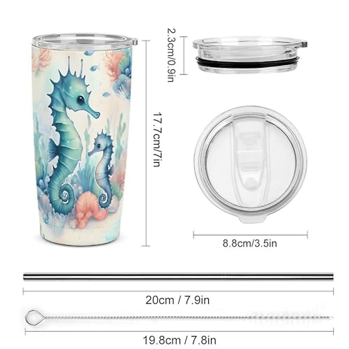 KIOWEIR Cute Seahorse Stainless Steel Tumbler 20oz With Lid And Straw, Insulated Tumblers Coffee Cup, Travel Mug for Ice Drink & Hot Beverage for Women Men Boys Girls