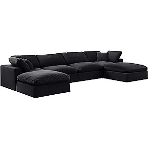 Meridian Furniture 189Black-Sec6B Comfy Collection Modern | Contemporary Upholstered Modular Sectional, Soft Black Velvet, Down Feather Cushions, 158" W x 79" D x 34.5" H, Black