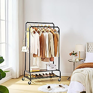 Tajsoon Clothes Rack, Industrial Pipe Clothing Rack with Shelves, Heavy Duty Double Rods Clothes Hanging Rack, Standard Rod Garment Rack on Wheels, Storage Display, Metal, Rustic Brown and Black